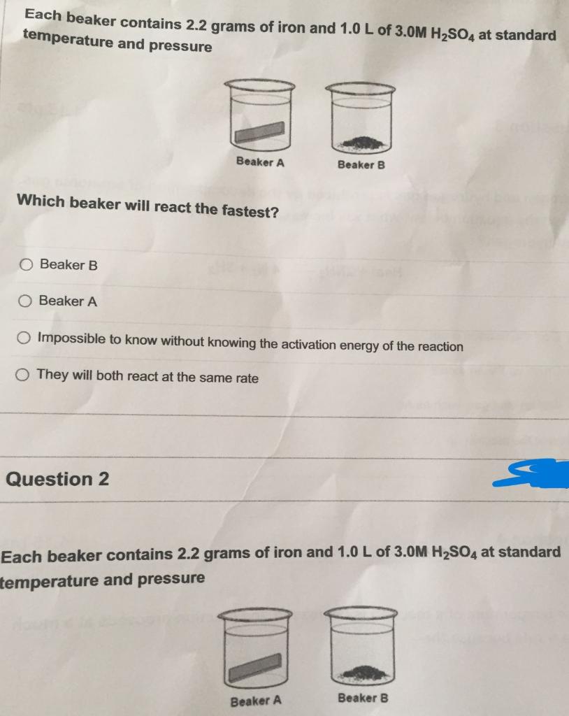 Solved Each beaker contains 2.2 grams of iron and 1.0 L of | Chegg.com