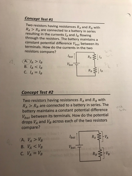 Solved Concept Test #1 Two resistors having resistances RA | Chegg.com