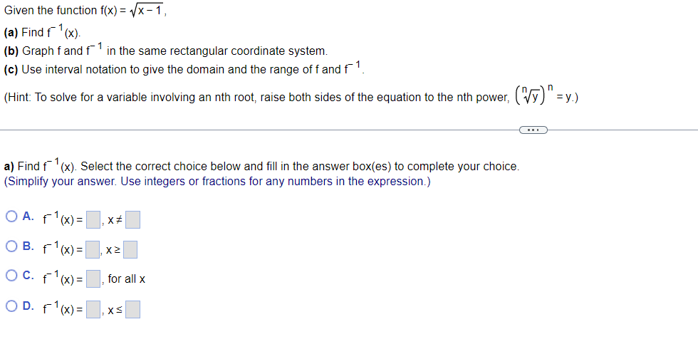 Solved Given the function f(x)=x−1 (a) Find f−1(x) (b) Graph | Chegg.com