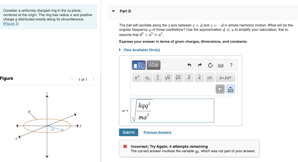 Solved Part D Consider a uniformly charged ring in the xy | Chegg.com