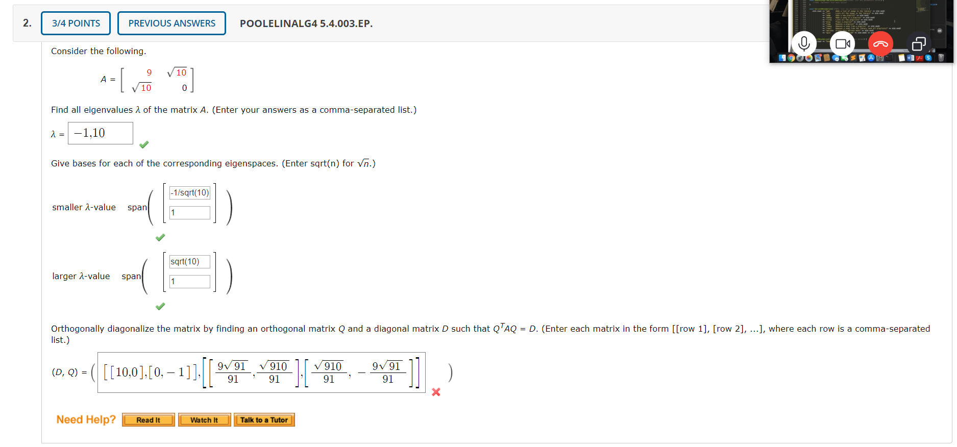 Solved 3/4 POINTS PREVIOUS ANSWERS POOLELINALG4 5.4.003.EP. | Chegg.com