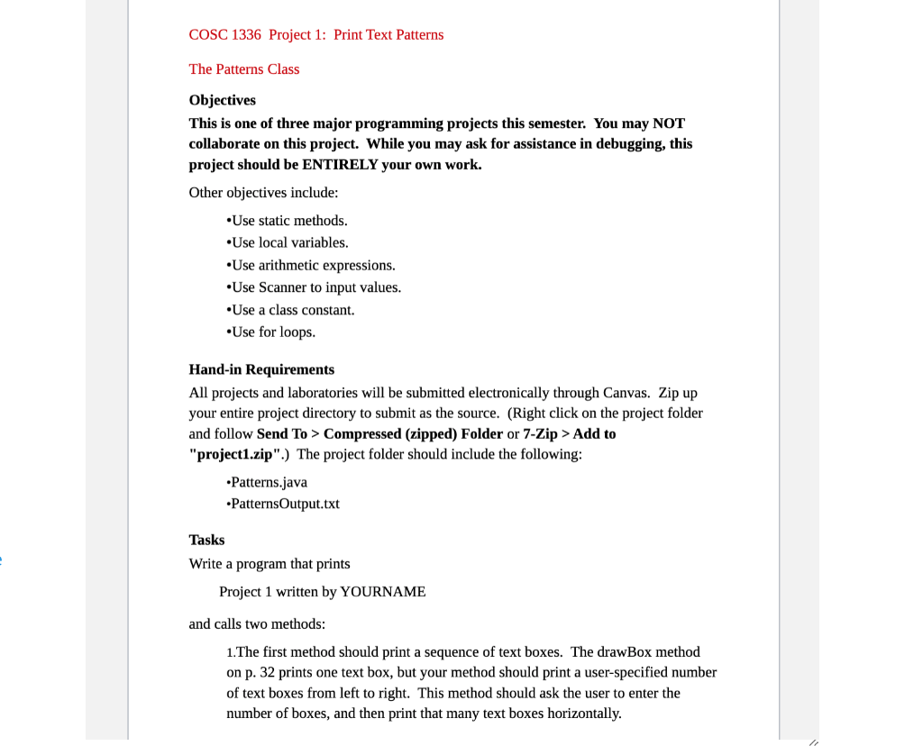 Solved COSC 1336 Project 1: Print Text Patterns The Patterns | Chegg.com