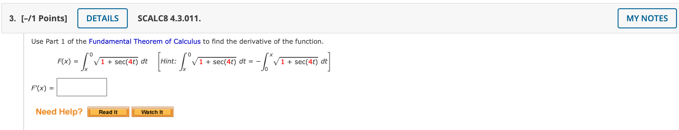 Solved 3. [-/1 Points] DETAILS SCALC8 4.3.011. MY NOTES Use | Chegg.com