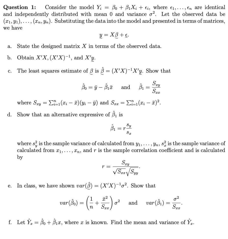 Solved Question 1: Consider the model Y = Bo + B1X; + Ei, | Chegg.com