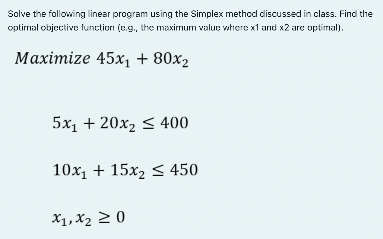 Solved Solve the following linear program using the Simplex | Chegg.com