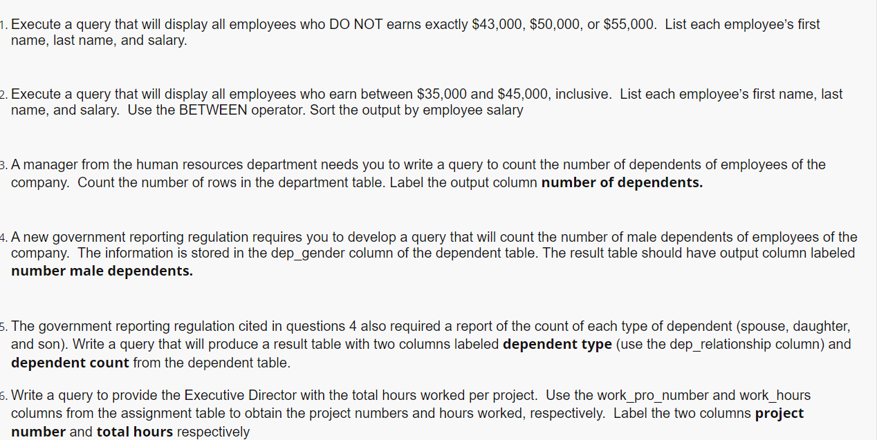 Solved 1. Execute a query that will display all employees | Chegg.com
