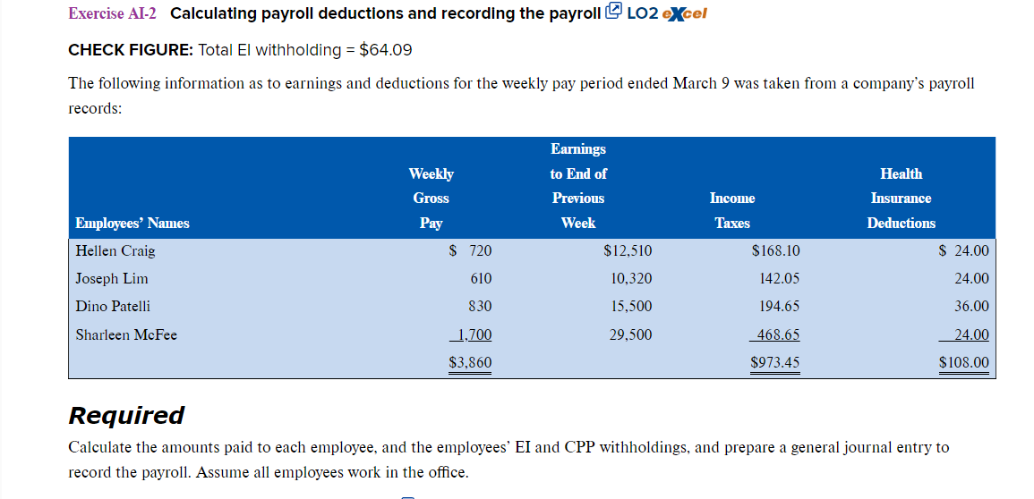Solved Exercise AI-2 Calculating payroll deductions and | Chegg.com