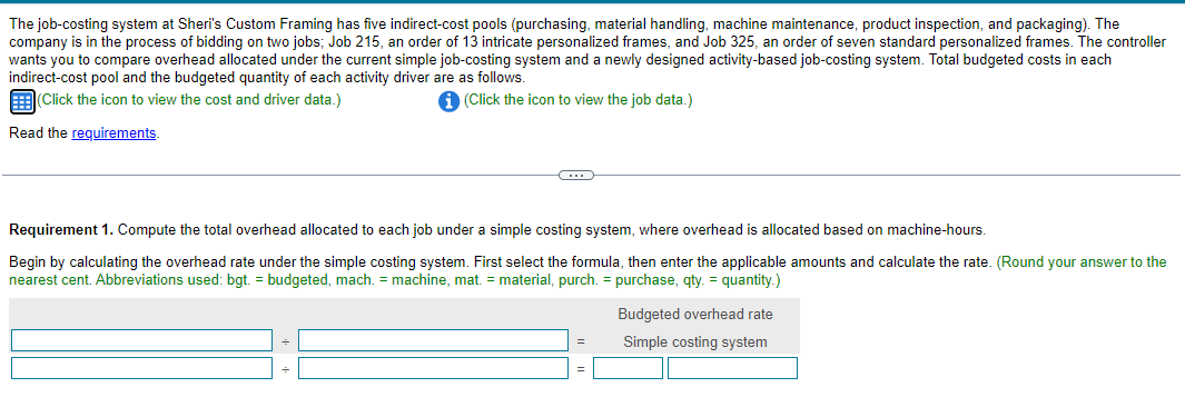 The job-costing system at Sheri's Custom Framing has | Chegg.com