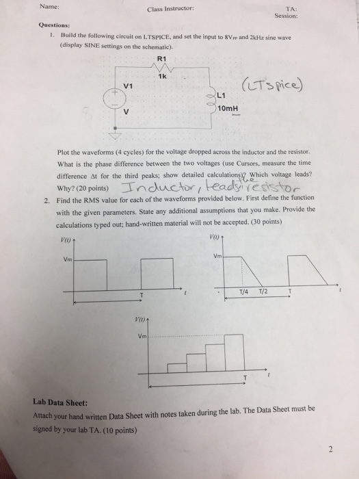 Solved Build the following circuit on LTSPICE, and set the | Chegg.com