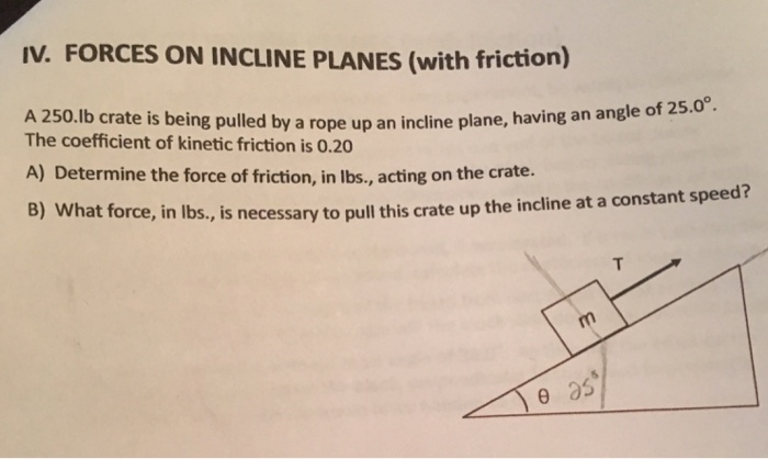Solved IV. FORCES ON INCLINE PLANES (with friction) A 250.lb | Chegg.com