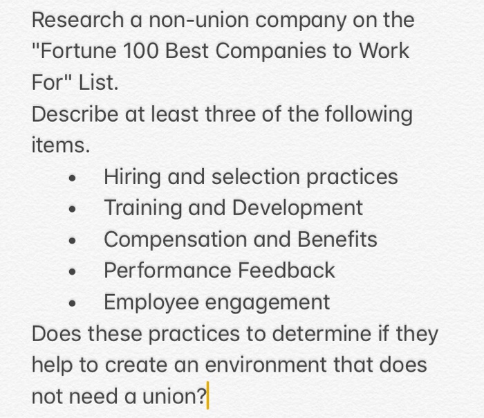 Solved Research a non-union company on the "Fortune 100 Best | Chegg.com