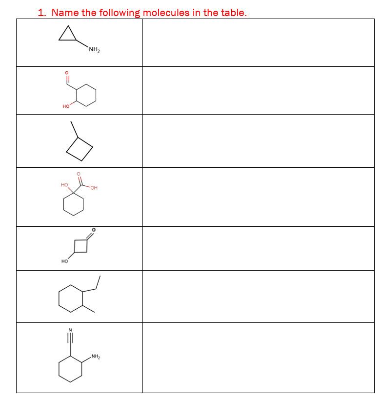Solved 1. Name the following molecules in the table. NH2 HO | Chegg.com