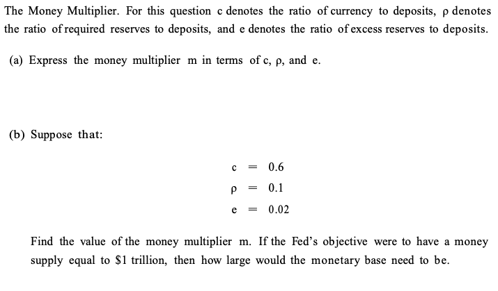 The Money Multiplier. For this question c denotes the | Chegg.com