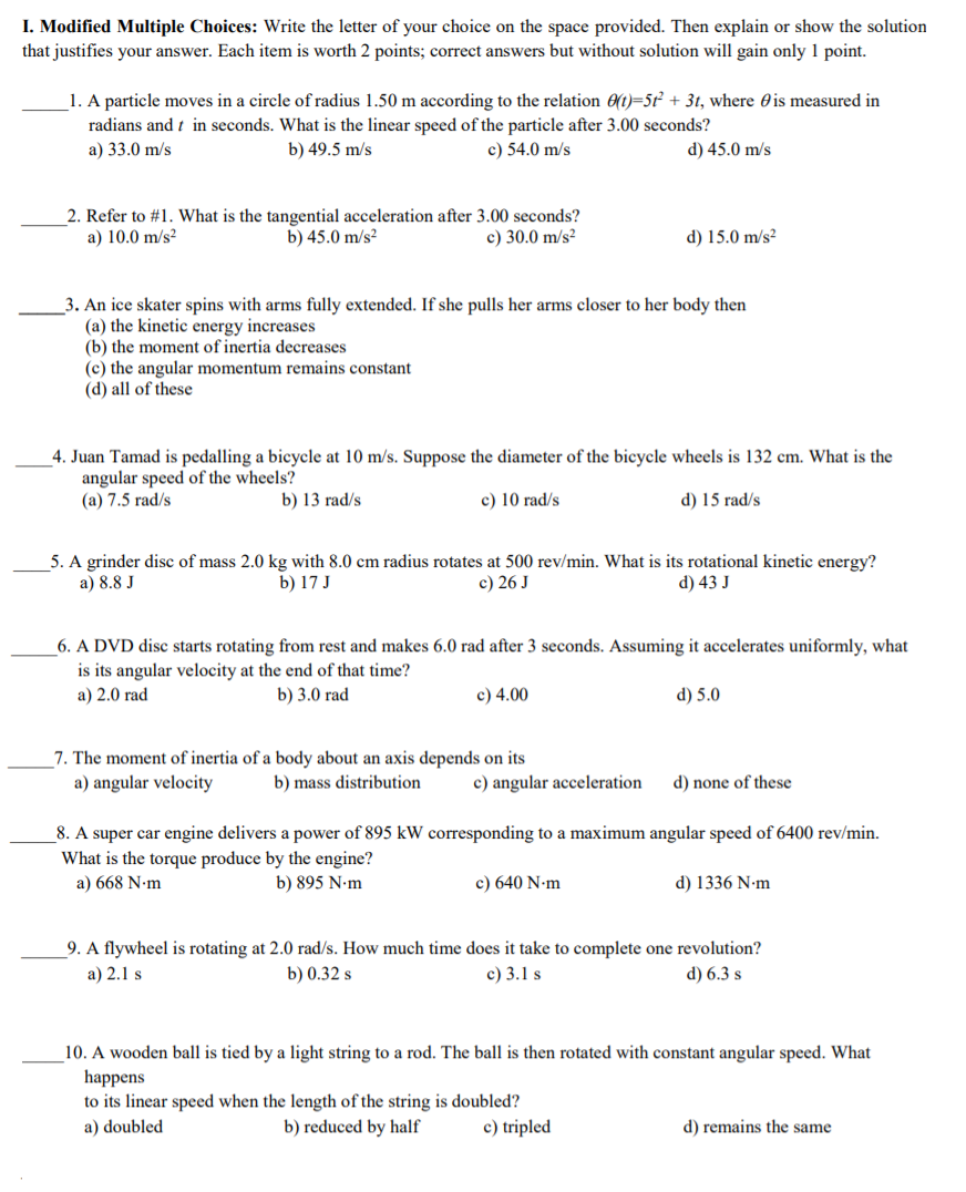 Solved I. Modified Multiple Choices: Write the letter of | Chegg.com