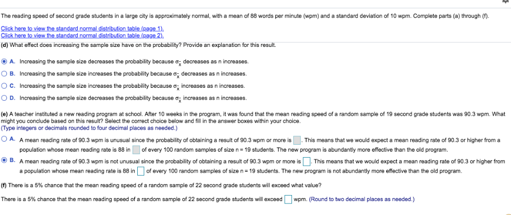 Solved The reading speed of second grade students in a large | Chegg.com