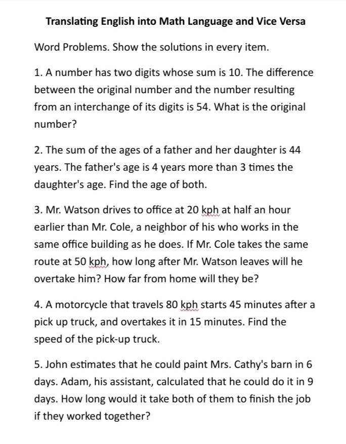 Solved Translating English into Math Language and Vice Versa | Chegg.com