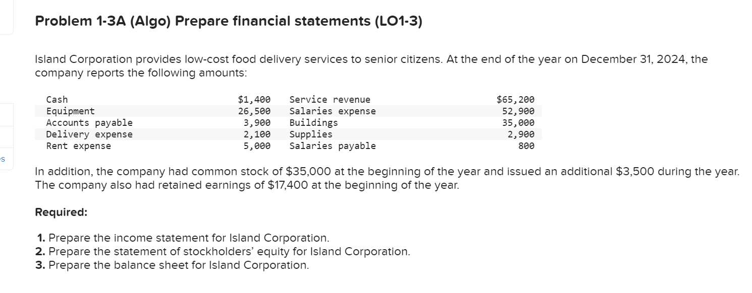 Solved Problem 1-3A (Algo) Prepare financial statements | Chegg.com