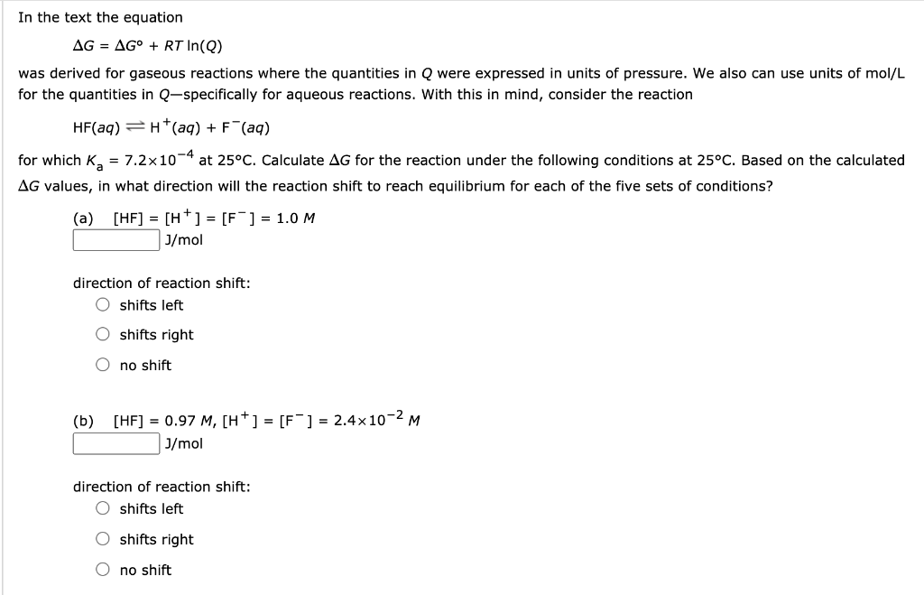 Solved In the text the equation AG = AGº + RT In(Q) was | Chegg.com