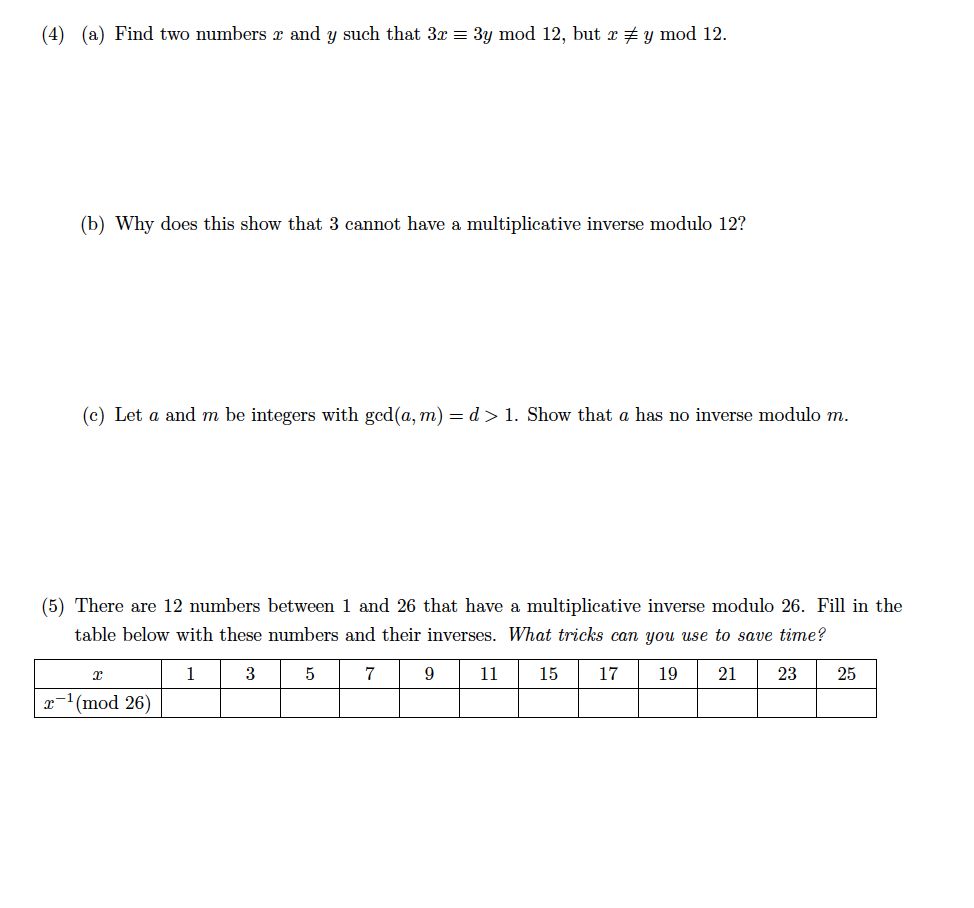 Solved (4) (a) Find two numbers x and y such that 3r-Sy mod | Chegg.com