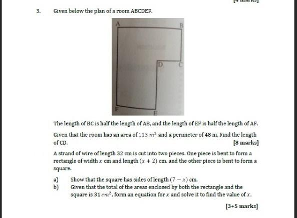 Solved 3. Given below the plan of a room ABCDEF. The length | Chegg.com