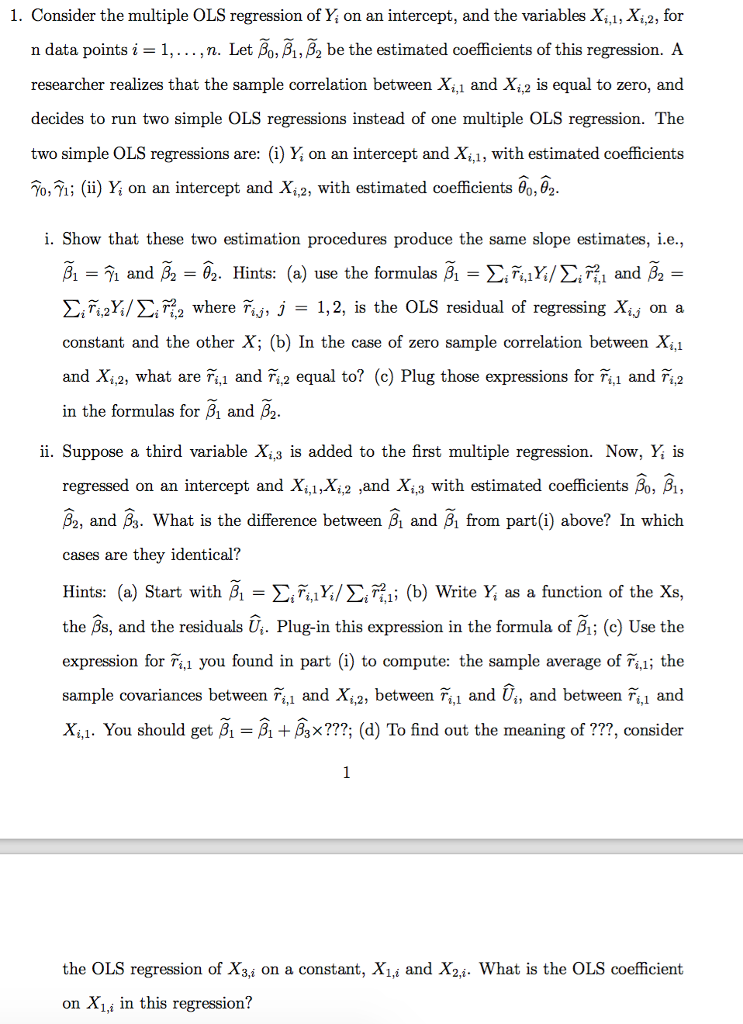 Solved 1. Consider the multiple OLS regression of Y on an | Chegg.com