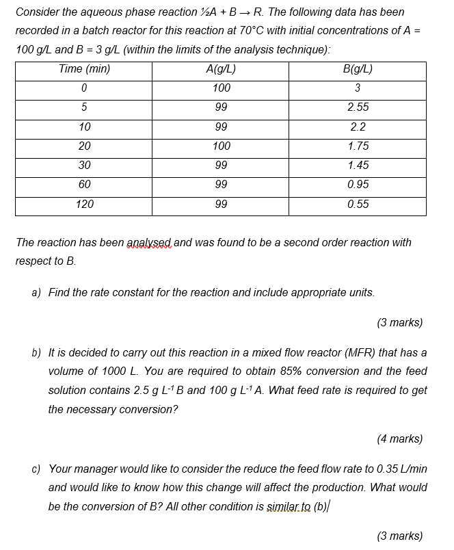 Solved + = Consider the aqueous phase reaction 72A + B R. | Chegg.com