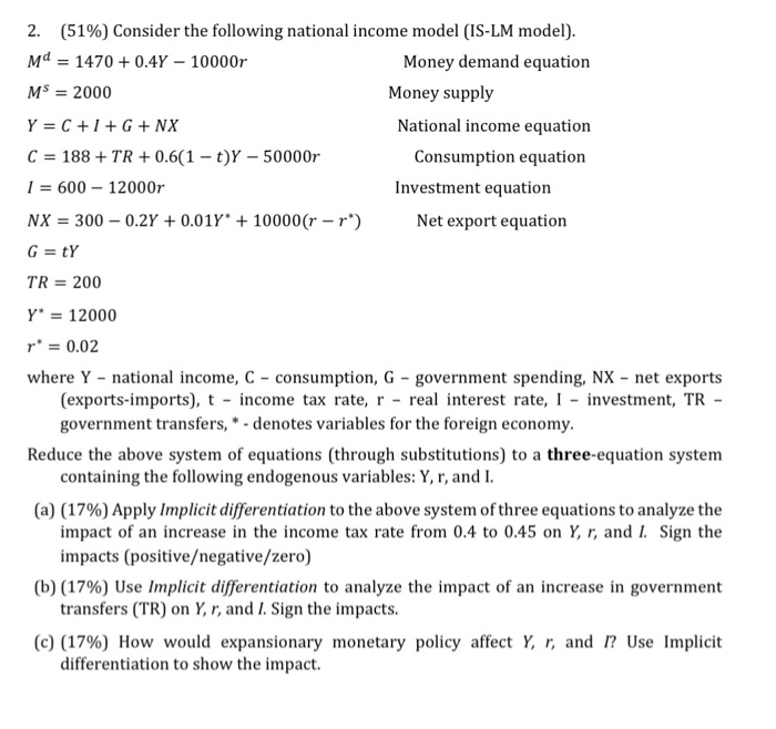 Solved 2" (51%) Consider the following national income model | Chegg.com