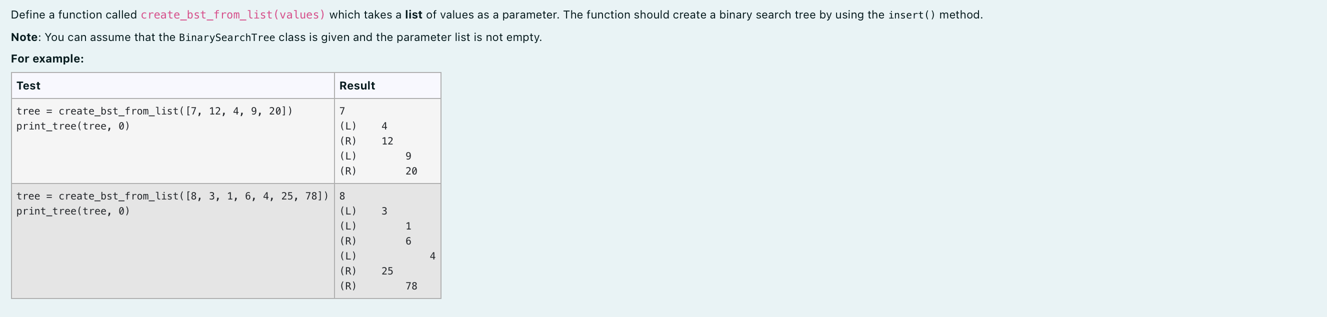 Solved Define a function called create_bst_from_list(values) | Chegg.com