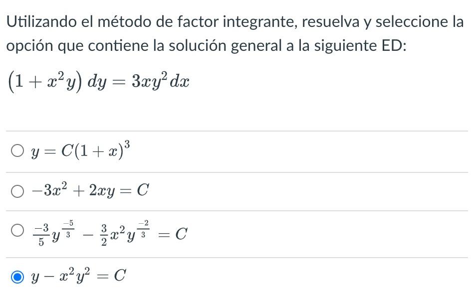 Solved Using the integrating factor method, solve and select | Chegg.com
