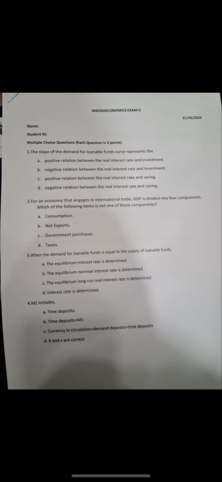 Solved Name:Student ID:Multiple Choice Questions (Each | Chegg.com