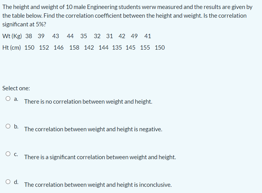 Solved The height and weight of 10 male Engineering students | Chegg.com