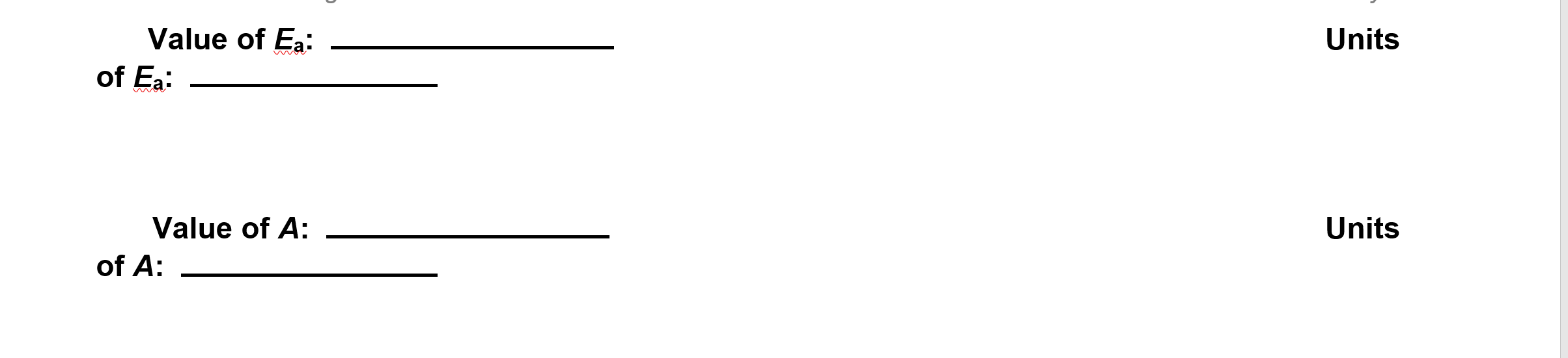 Units Value of Ea: of Ea: mu Units Value of A: of A: | Chegg.com