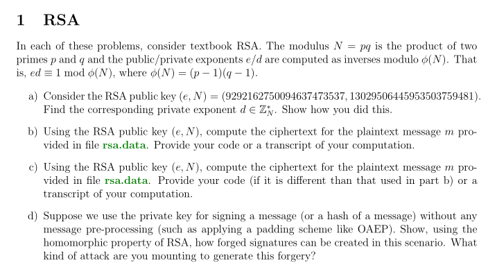 Solved 1 RSA In each of these problems, consider textbook | Chegg.com