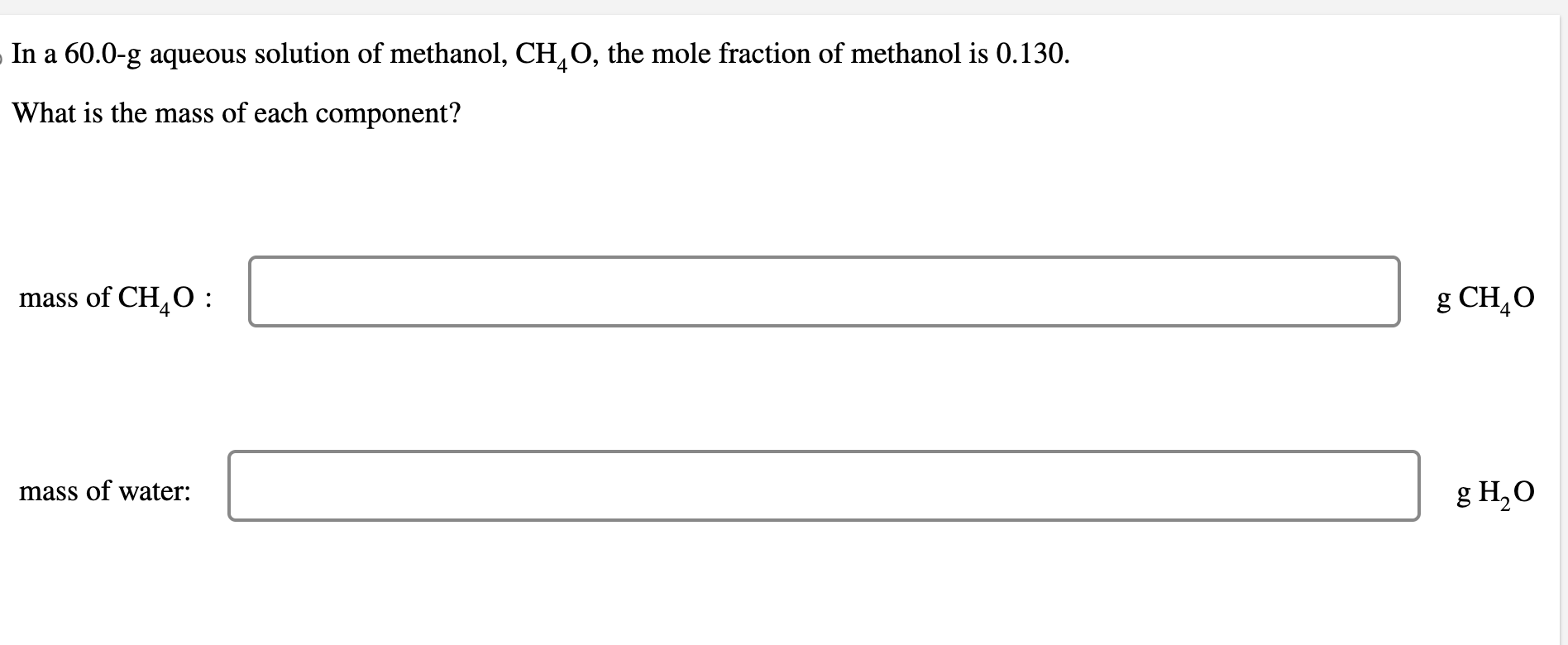 Solved In a 60.0-g aqueous solution of methanol, CH4O, the | Chegg.com