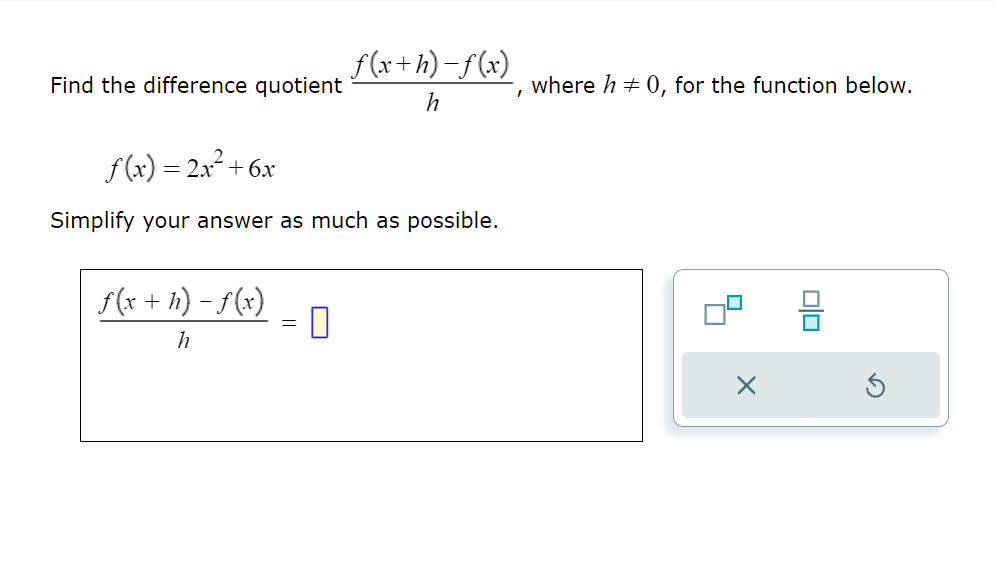 Solved Find the difference quotient hf(x+h)−f(x), where | Chegg.com