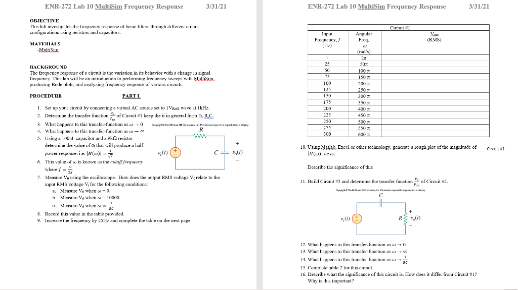 Solved ENR-272 Lab 10 MultiSim Frequency Response 3/31/21 | Chegg.com