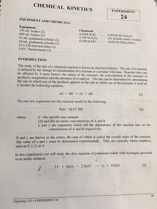 Solved CHEMICAL KINETICS EXPERIMENT 24 EQUIPMENT AND | Chegg.com