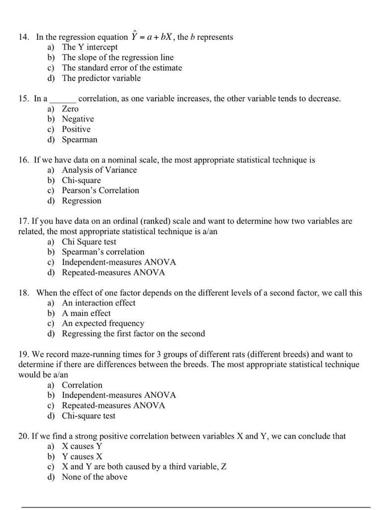 Solved 14. In the regression equation Y^=a+bX, the b | Chegg.com