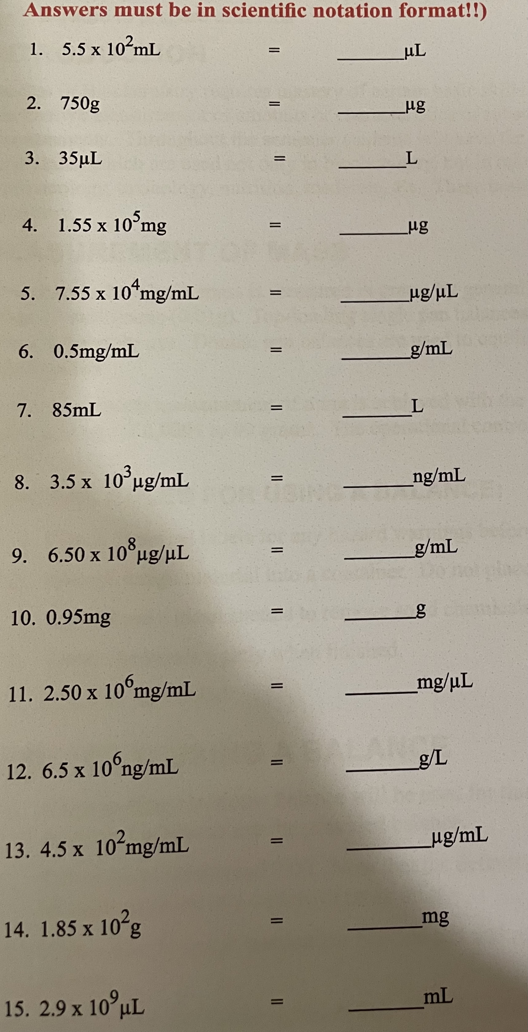 Solved 1. 5.5×102 mL 2. 750 g 3. 35μL 4. 1.55×105mg 5. | Chegg.com