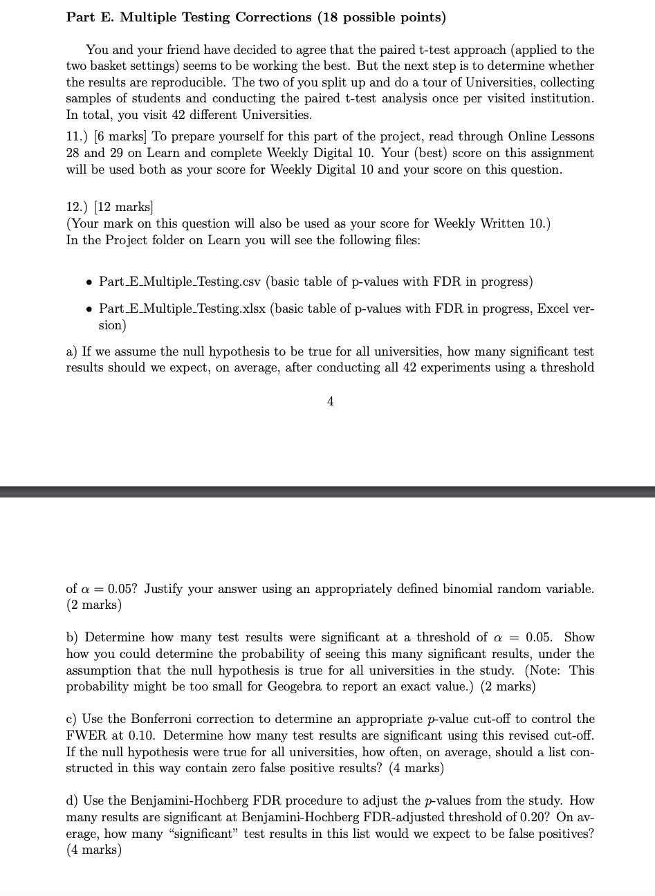 Part E. Multiple Testing Corrections (18 possible | Chegg.com