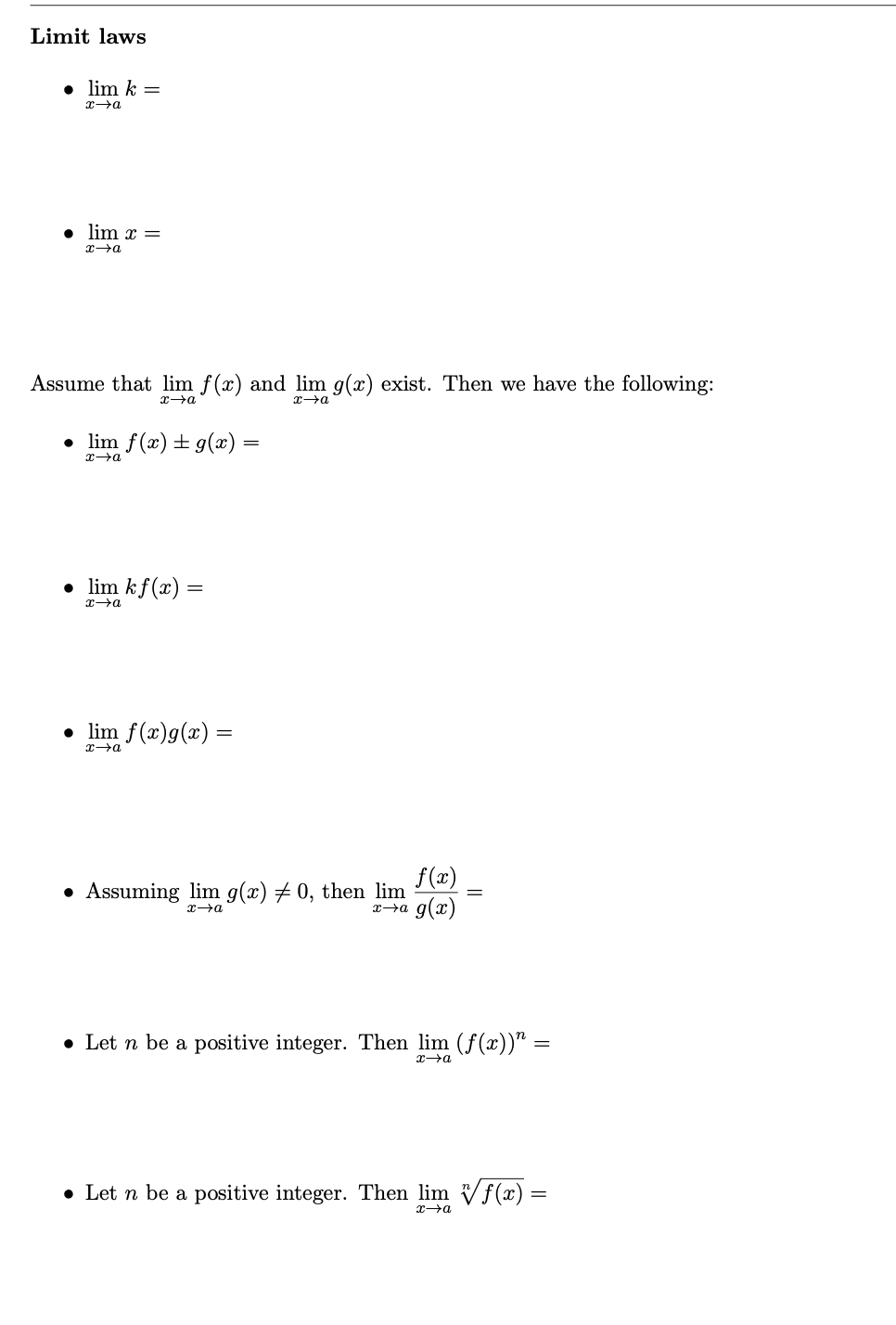 Solved Limit laws - limx→ak= - limx→ax= Assume that | Chegg.com
