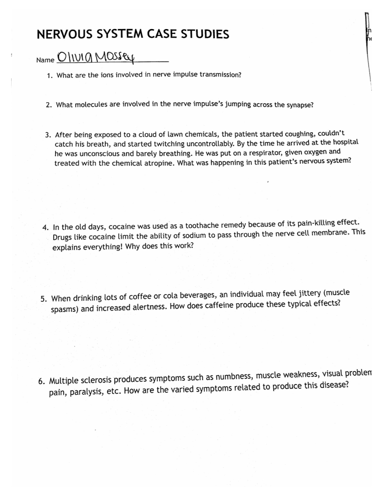Solved NERVOUS SYSTEM CASE STUDIES Name Olivia Masseur 1. | Chegg.com