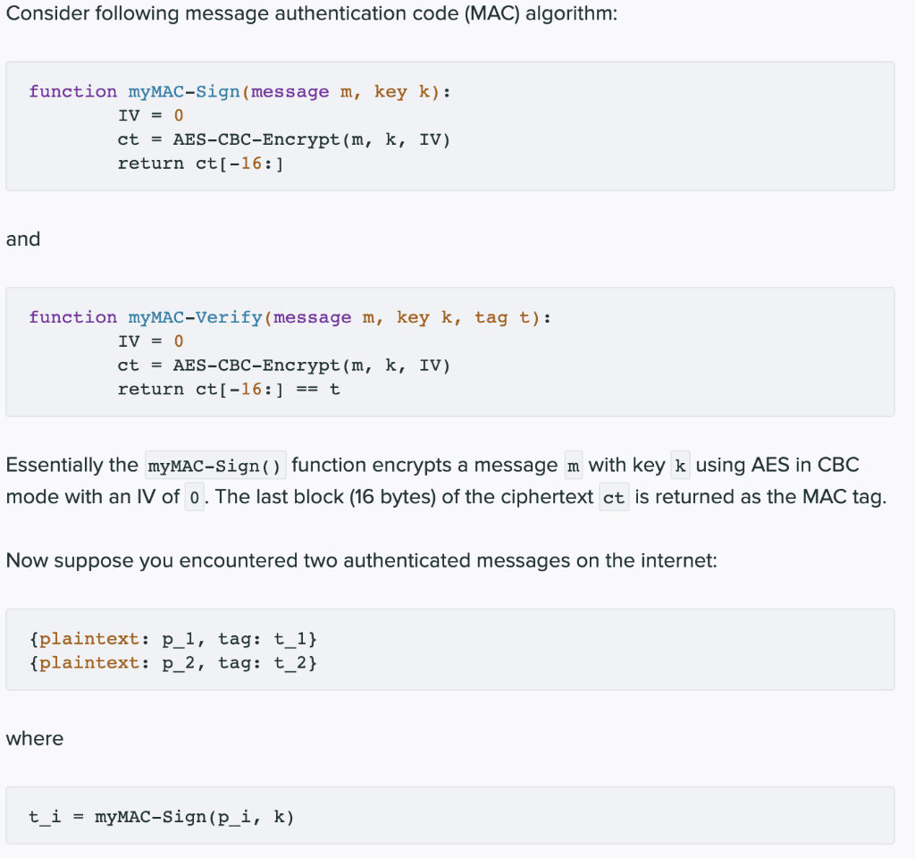 Solved Consider following message authentication code (MAC) | Chegg.com