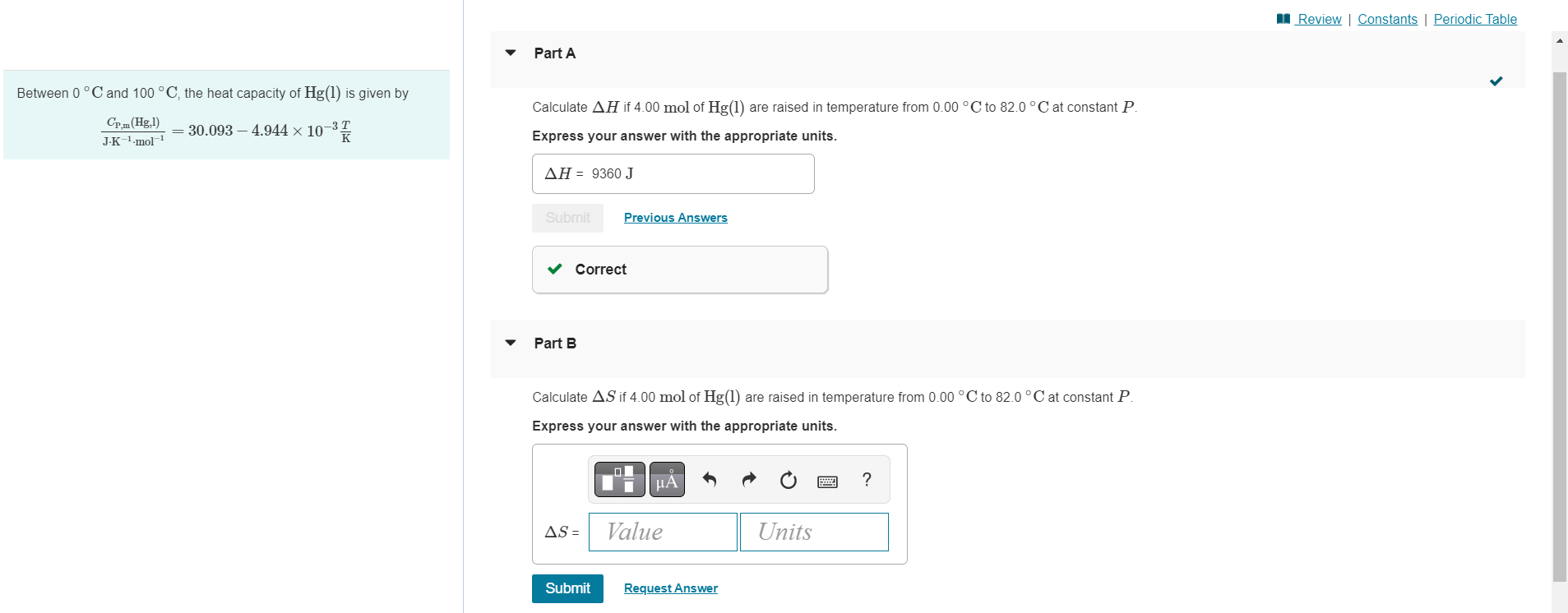 Solved Between 0∘C and 100∘C, the heat capacity of Hg(l) is | Chegg.com