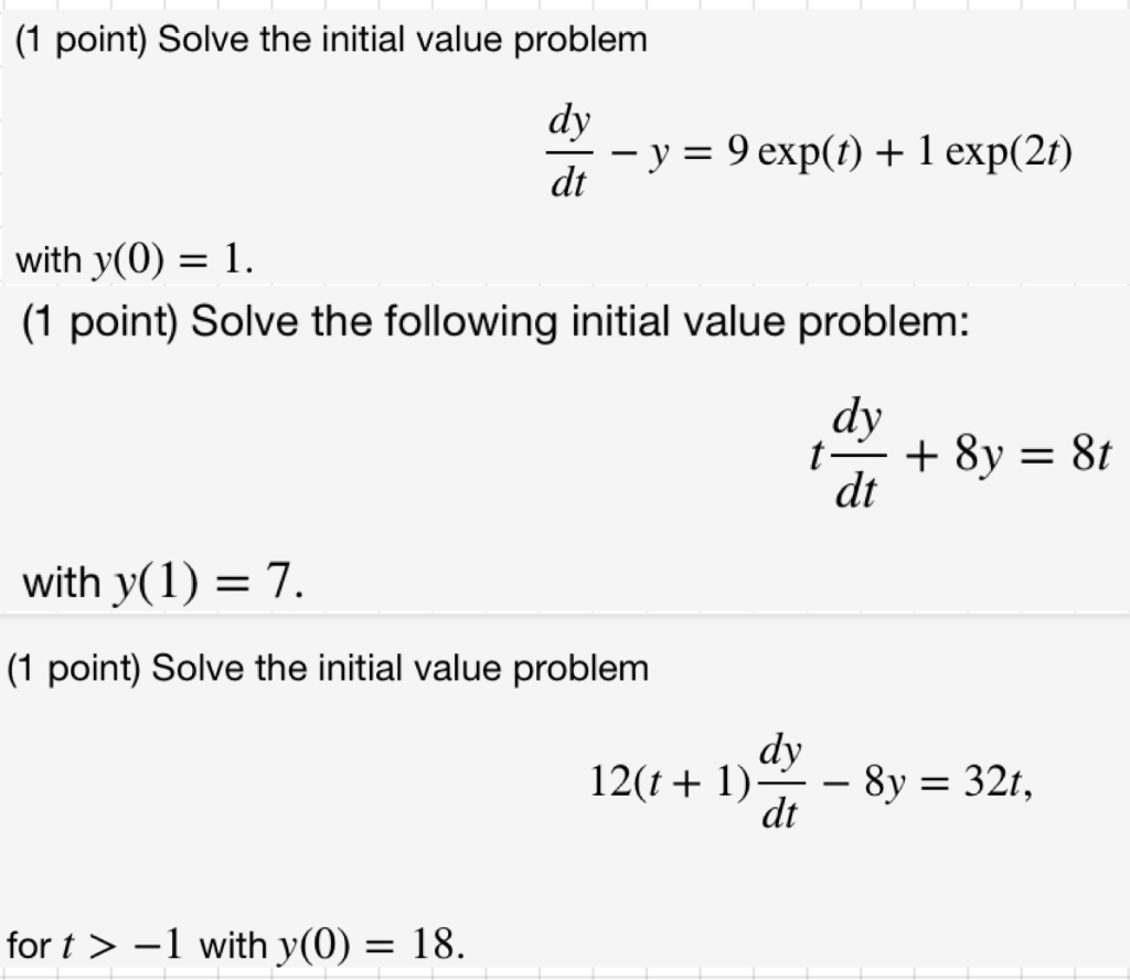 Solved (1 point) Solve the initial value problem dy dt - y = | Chegg.com