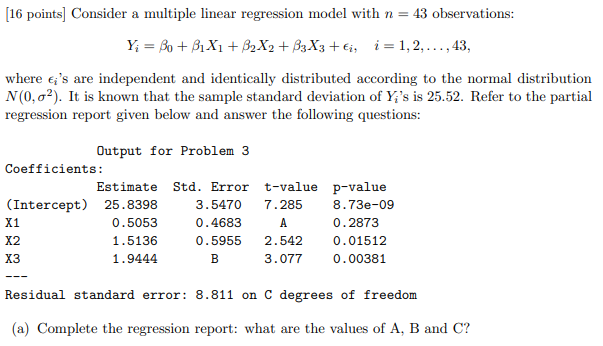 Solved [16 points] Consider a multiple linear regression | Chegg.com