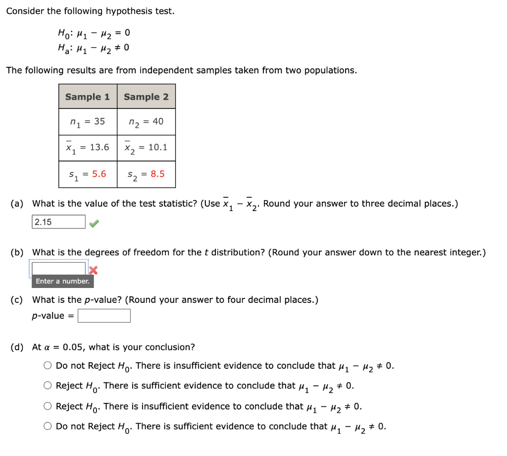 Solved Consider the following hypothesis test. Ho: M1 - H2 = | Chegg.com