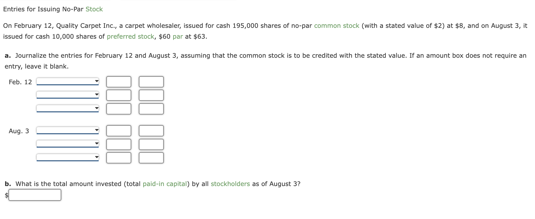 Solved Entries for Issuing No-Par Stock On February 12, | Chegg.com
