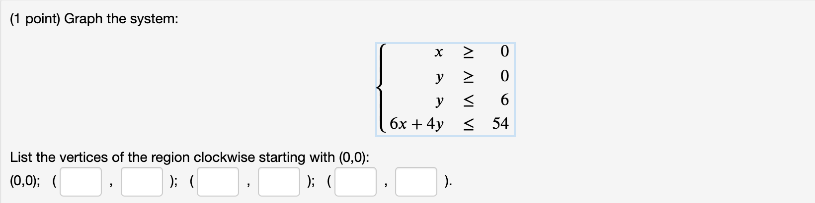 Solved (1 point) Graph the system: ⎩⎨⎧xyy6x+4y≥0≥0≤6≤54 List | Chegg.com