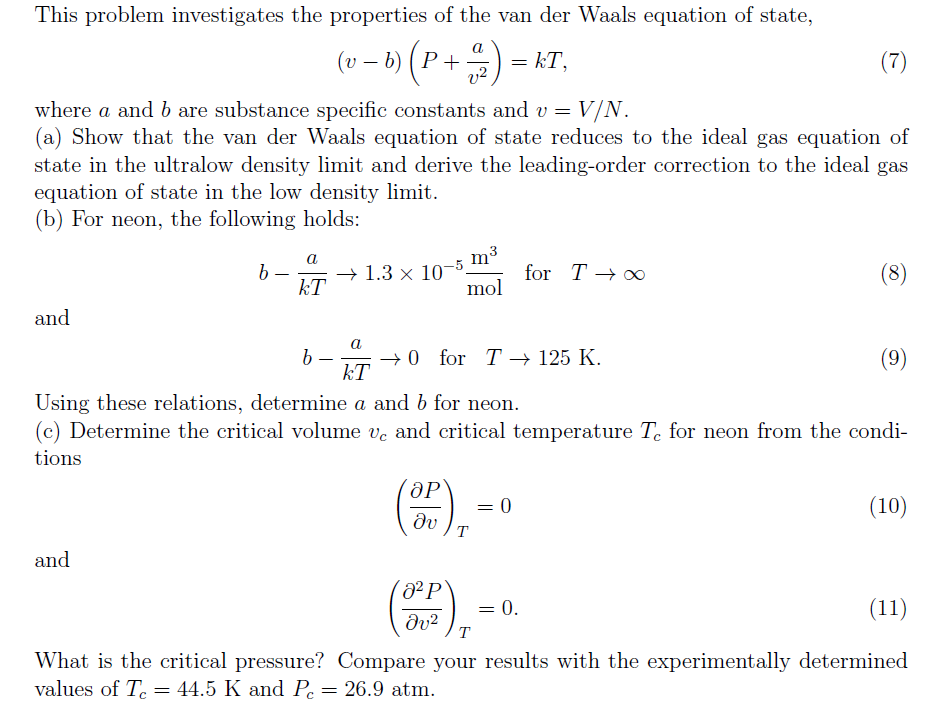 Solved This problem investigates the properties of the van | Chegg.com